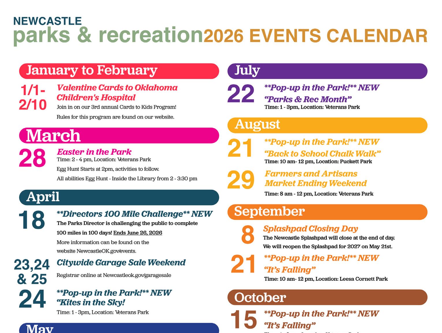 Newcastle Parks & Recreation releases 2026 Calendar